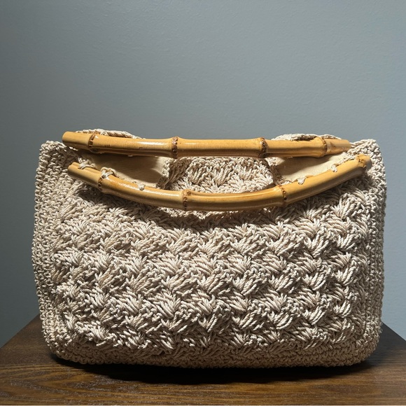 Bags | Handcrafted Beige Woven Bag With Bamboo Handles | Poshmark